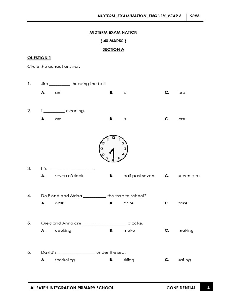 English Year 3 - Midterm Examination | PDF | Hobbies