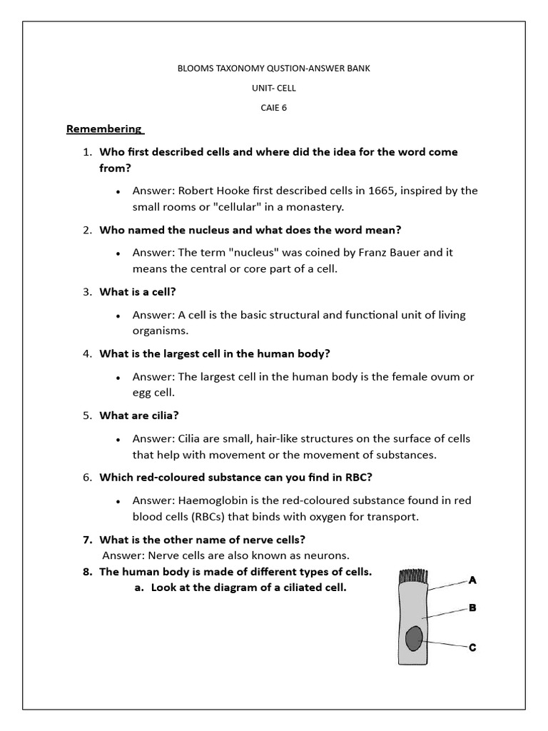 Blooms Taxonomy Qustion Caie 6 | PDF | Cell (Biology) | Red Blood Cell