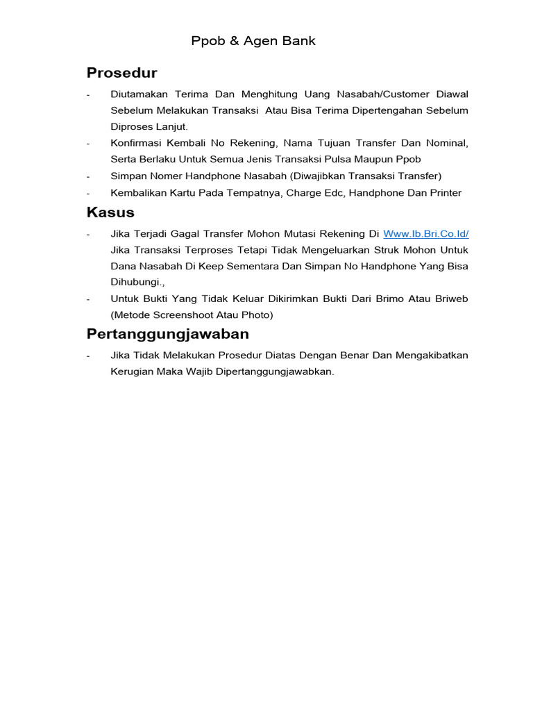 Prosedur Ppob Dan Agen Bank | PDF