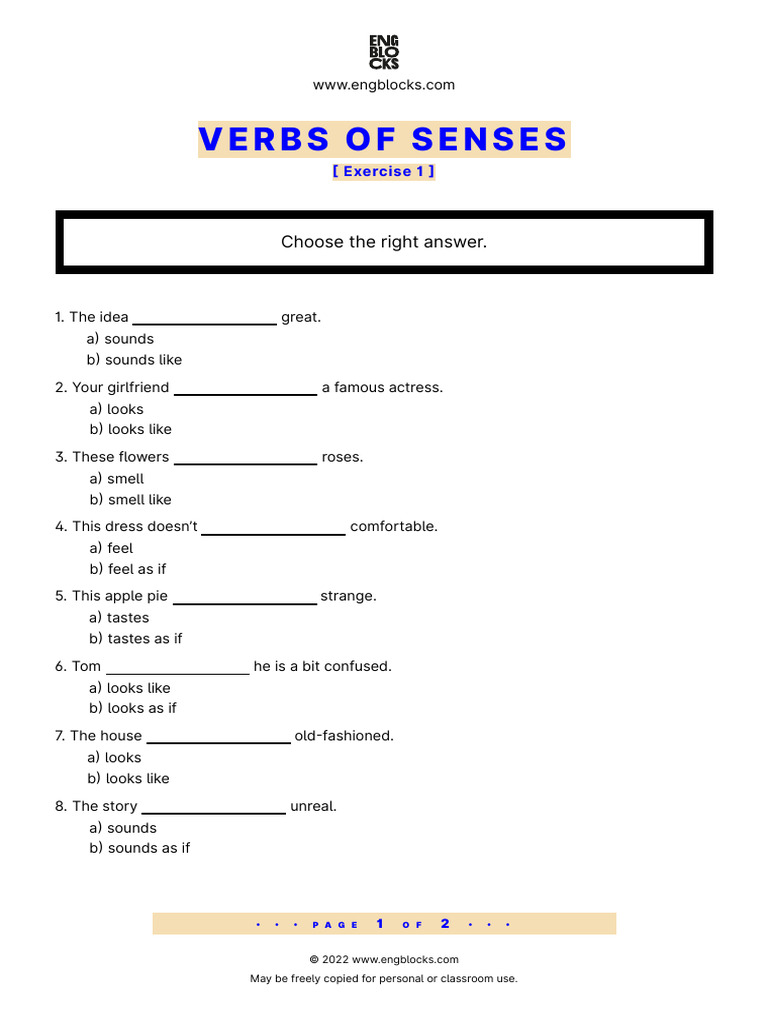 Verbs of Senses Exercise 1 | PDF | Nervous System | Food And Drink