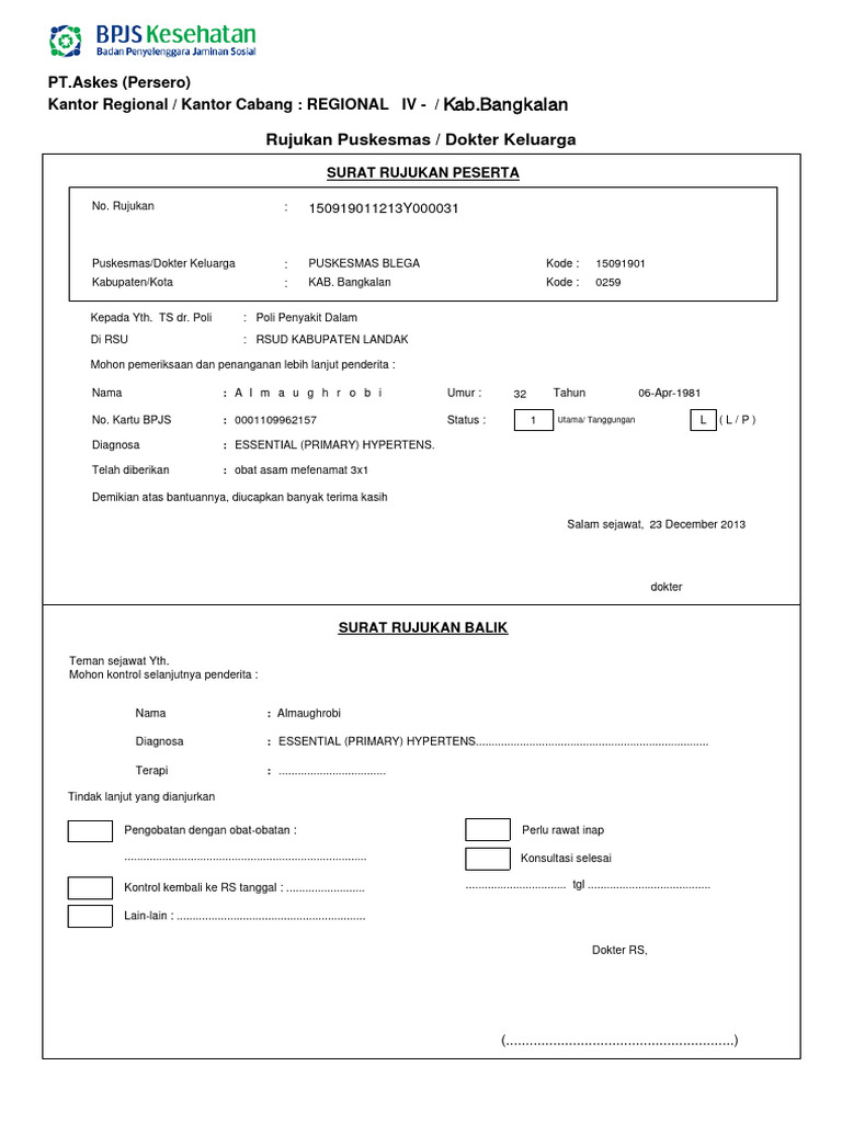 Dokumen - Tips - Contoh Surat Rujukan Bpjs | PDF