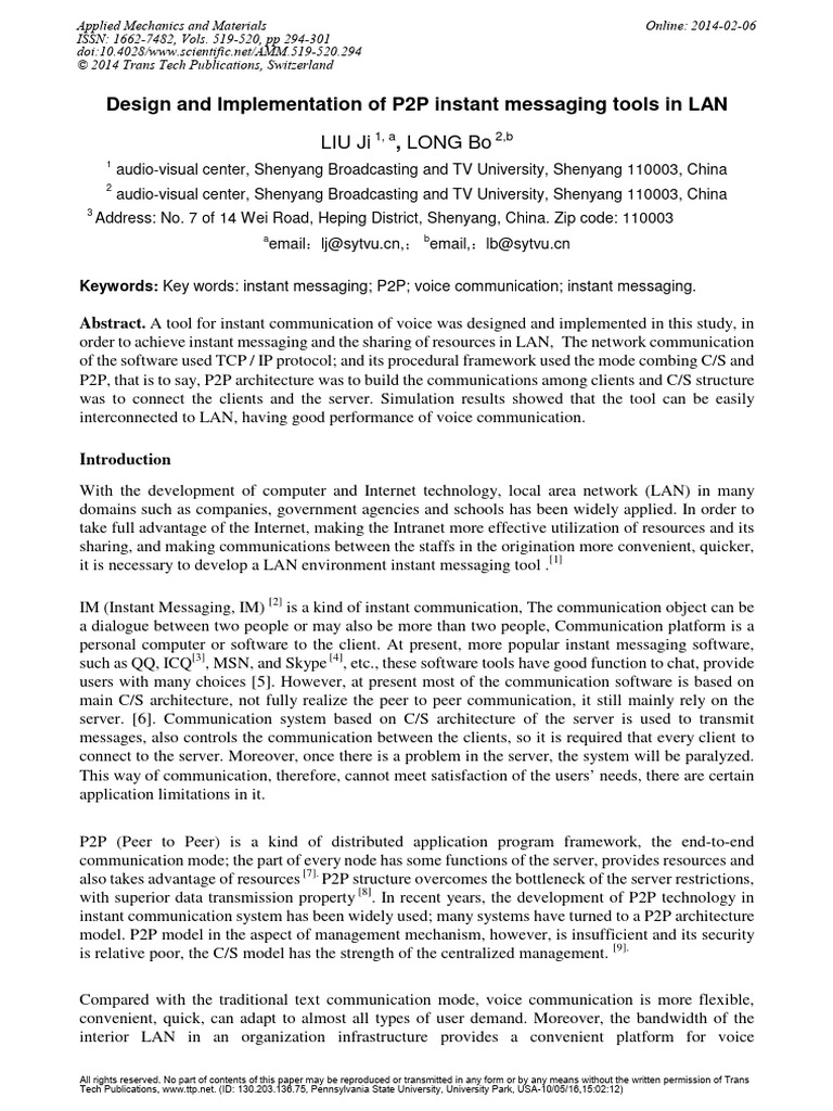 Design and Implementation of P2P Instant Messaging Tools in LAN, Long Bo | PDF