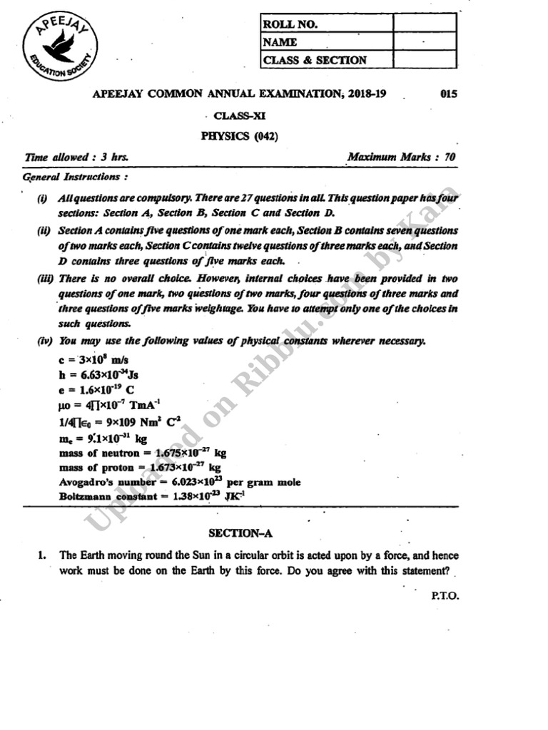 Class 11 Physics Question Paper Annual Exam 2019 Apeejay | PDF