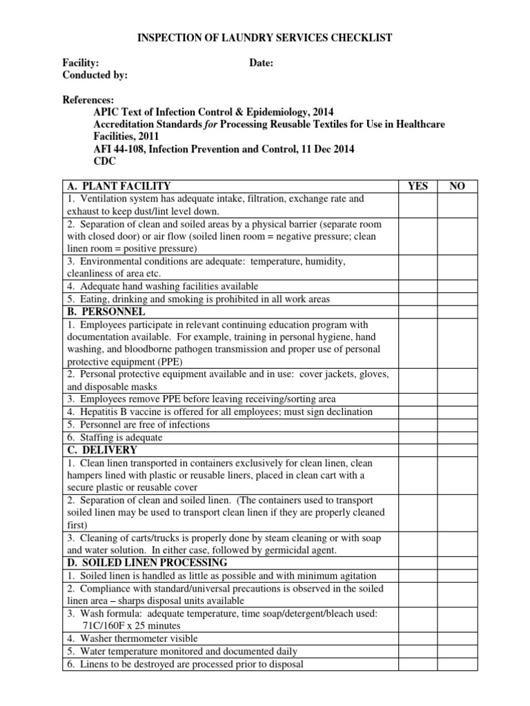 Laundry Services Inspection Checklist | PDF | Health Care | Safety
