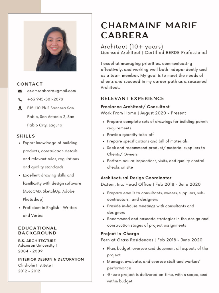 Charmaine Cabrera Resume | PDF | Architect | Consultant