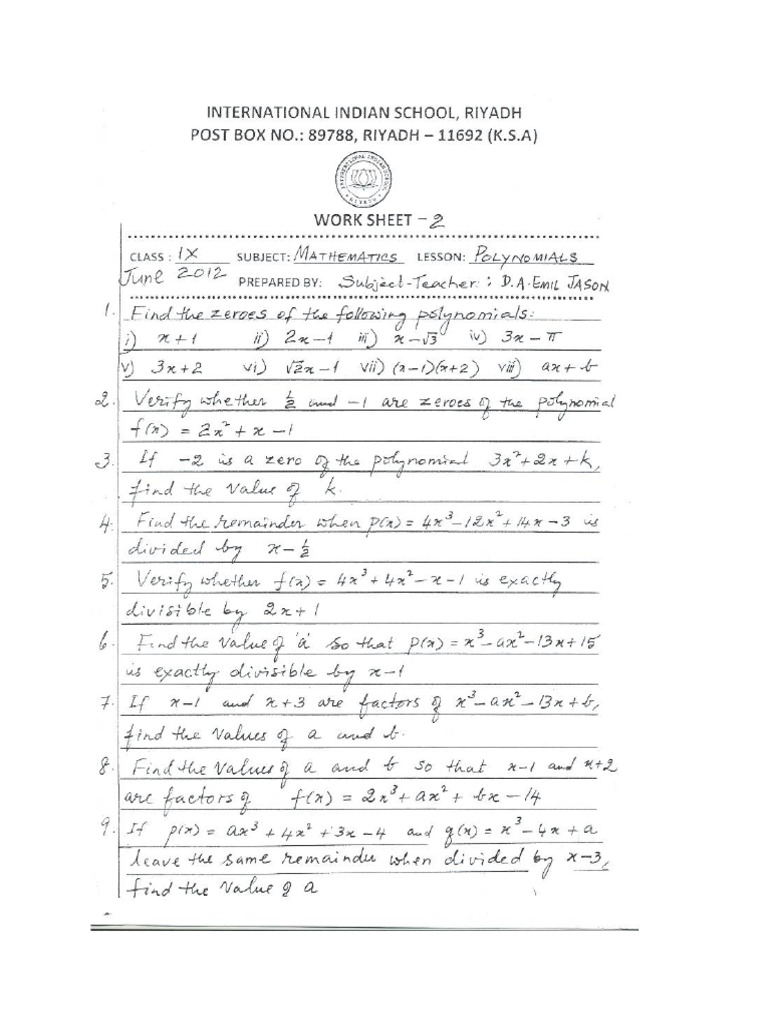 CBSE Class 9 Mathematics Worksheet - Polynomials | PDF