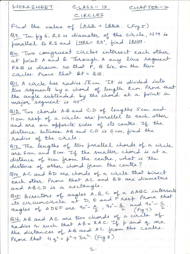 CBSE Class 9 Mathematics Worksheet - Circles | PDF