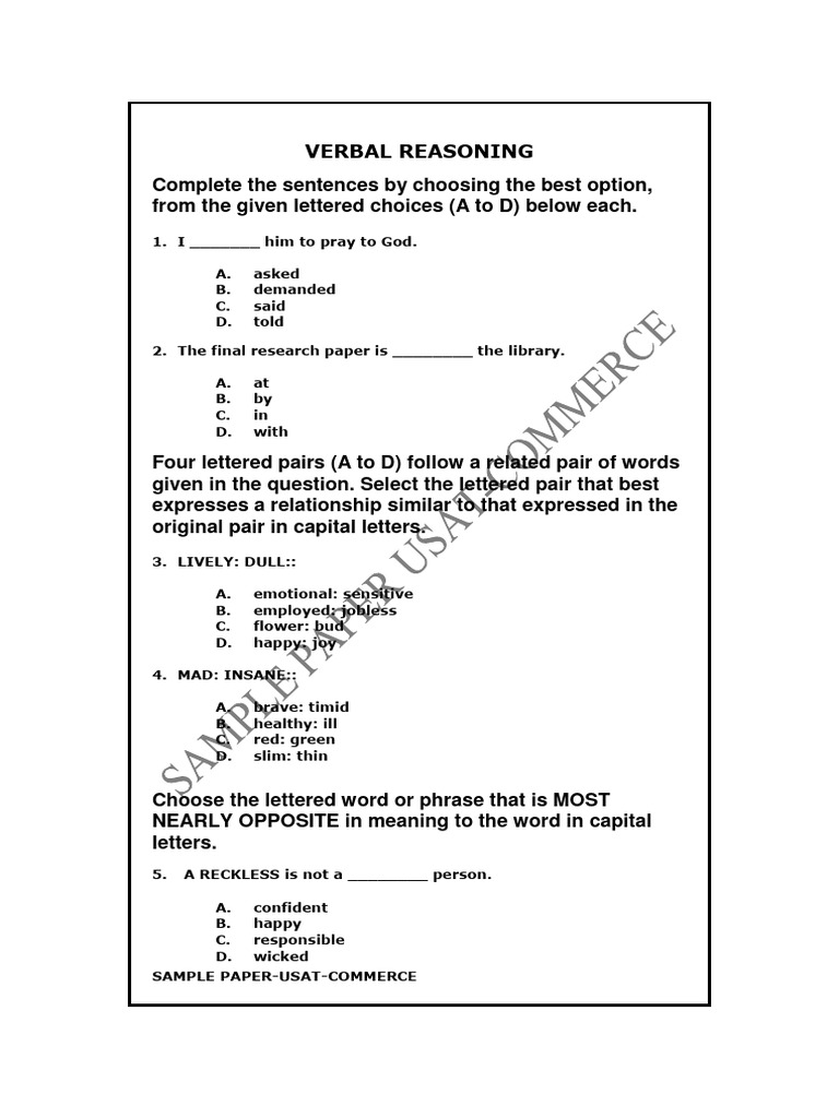Sample Paper-Usat-Commerce | Download Free PDF | Economics | Information