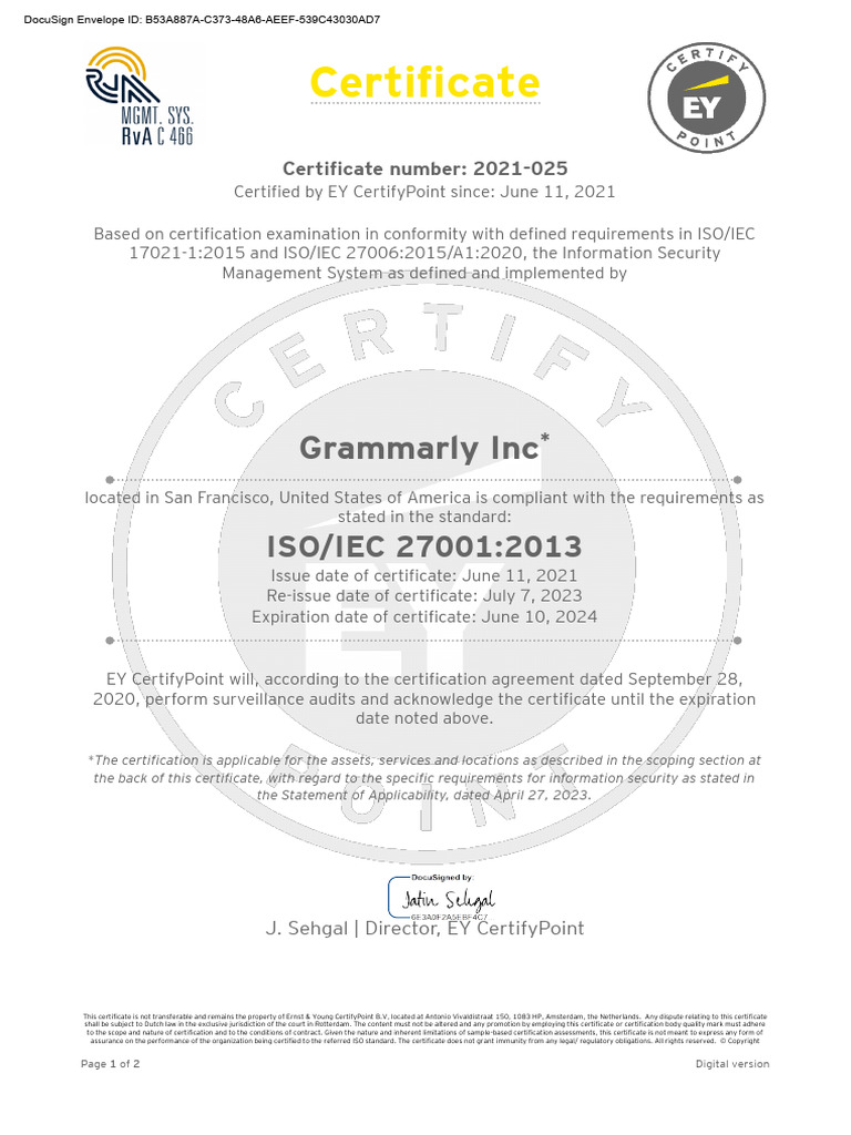 Grammarly_ISO27001_Certificate_2023 | PDF | Certification | Information ...