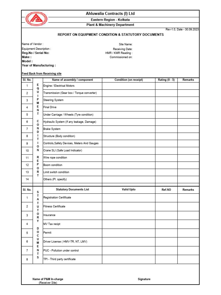 Equipment Condition & Statutory Report | PDF