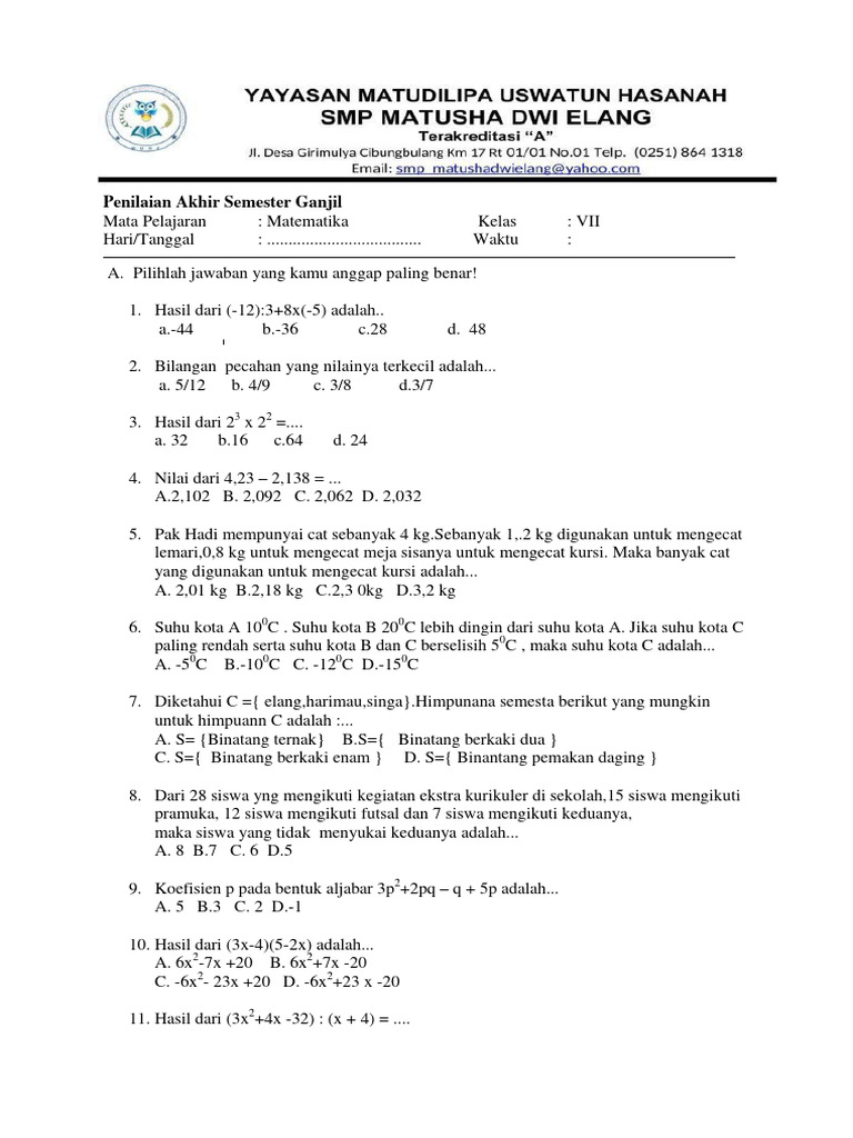 Soal Pas MTK Kls 7 - Matusha | PDF