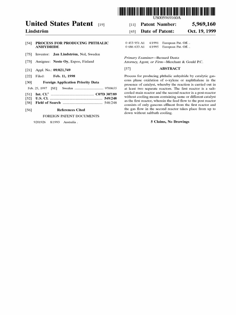 US5969160 Post Reactor Neste 1998 | PDF | Chemical Reactor | Catalysis