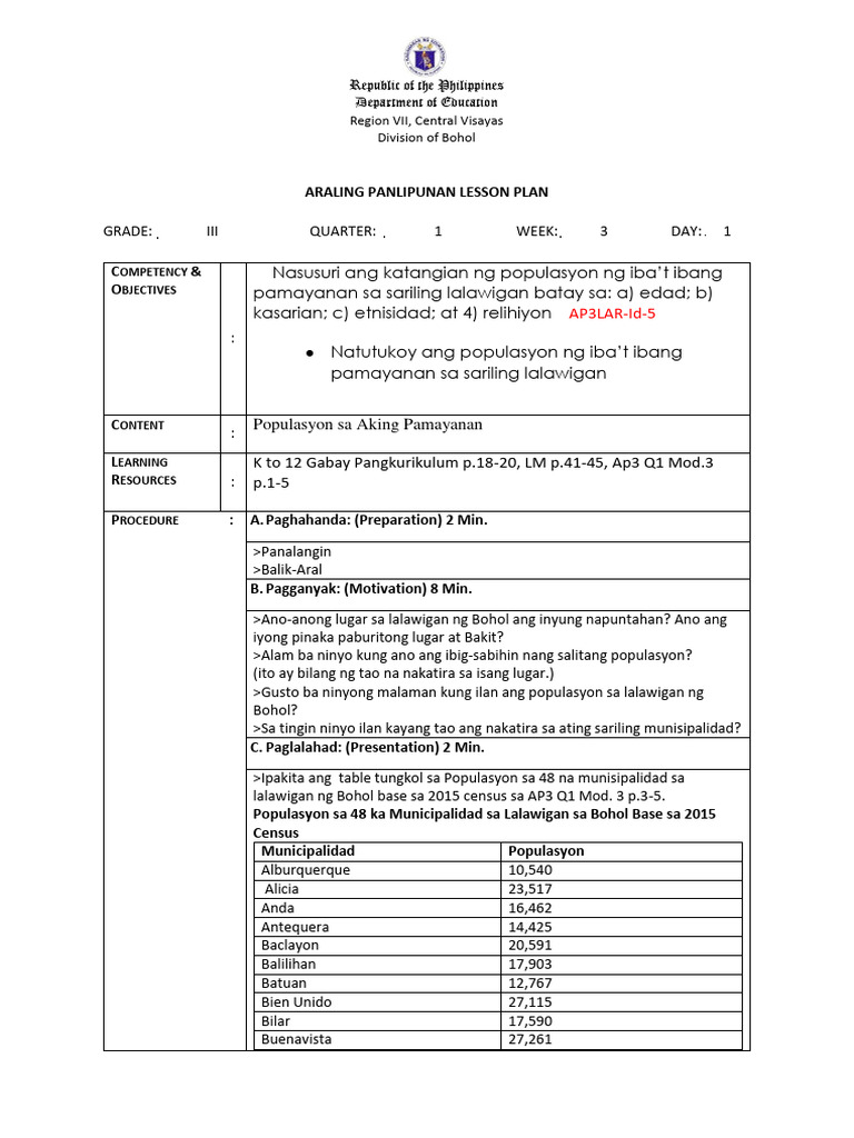 Bohol AP3 Q1 PLP3 Day1-5 v.01 | PDF