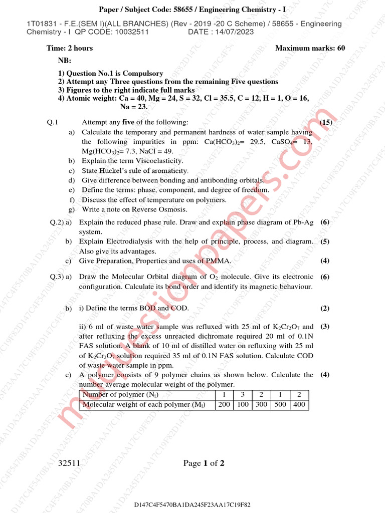 Be First Year Engineering Semester 1 2023 May Engineering Chemistry I Chem1rev 2019c Scheme | PDF