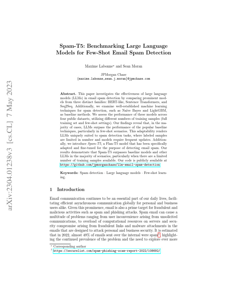 Spam-T5: Benchmarking Large Language Models For Few-Shot Email Spam Detection | PDF | Cognition ...