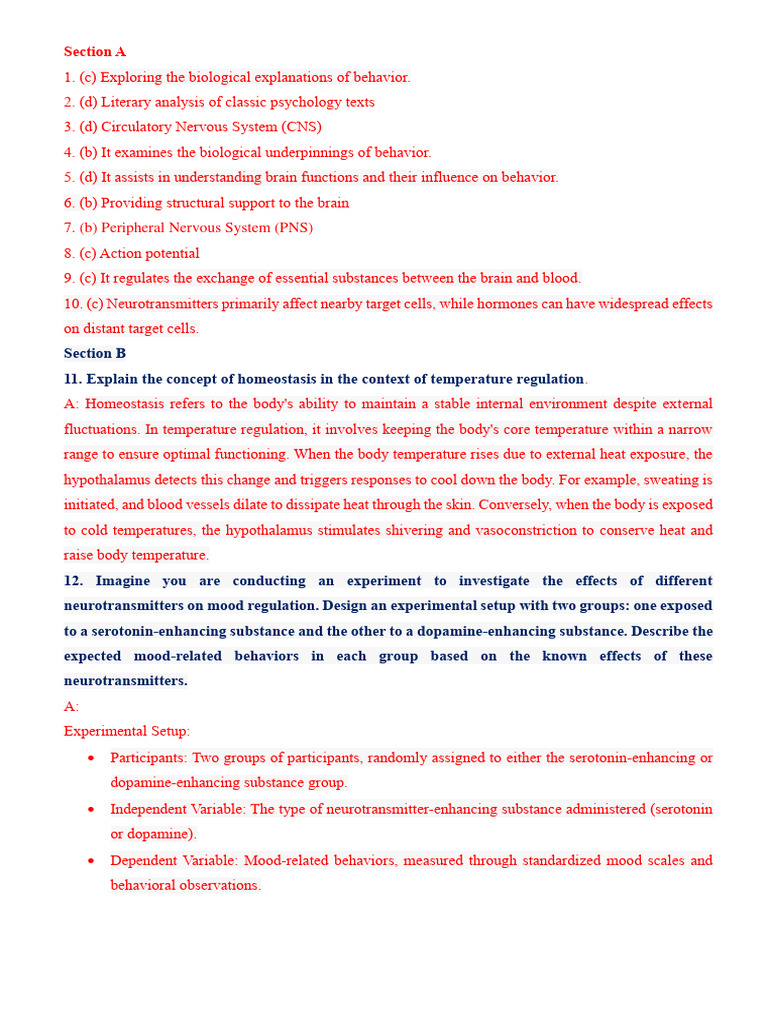 Biological Psychology Answer Key CIA I NOV.2023 | PDF | Chemical Synapse | Neurotransmitter