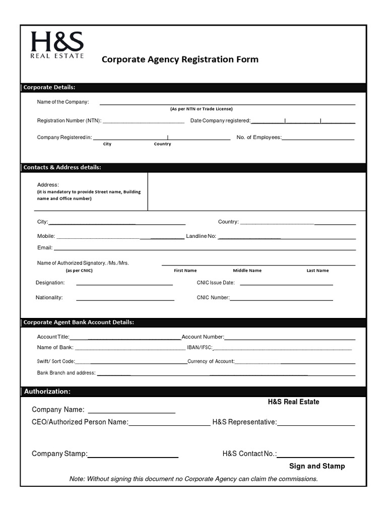 H&S Corporate Agency Registration Form | PDF