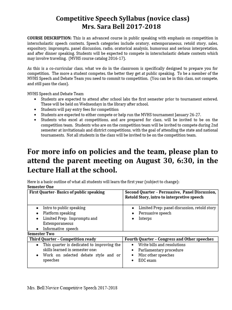 Novice Competitive Speech Syllabus 2017 | PDF | Public Speaking