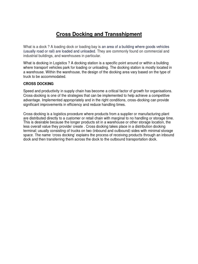 Cross Docking and Transshipment Overview | PDF | Warehouse | Logistics
