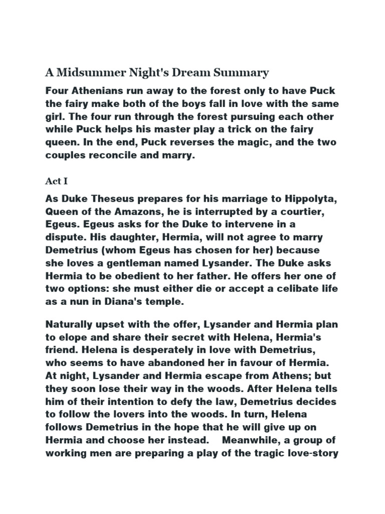 Act 1 Summary Mid Summer Night Dream | PDF