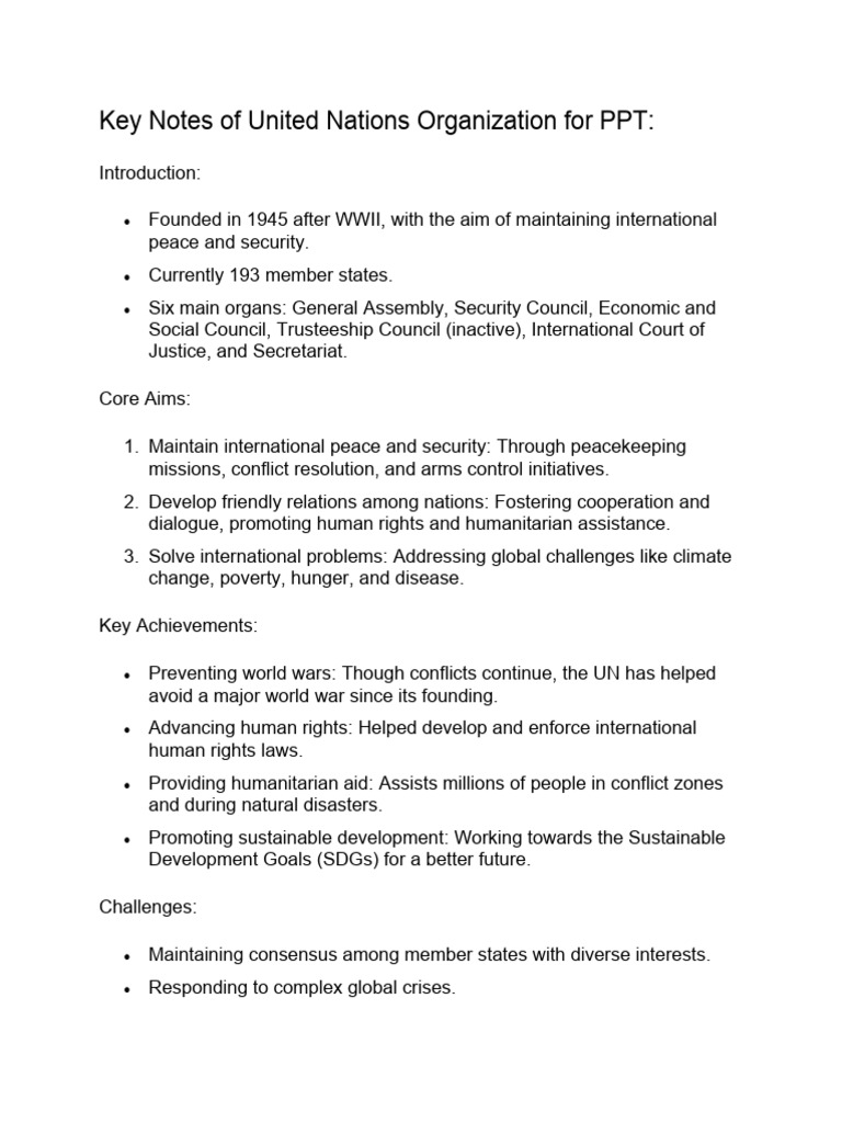 Key Notes of United Nations Organization For | PDF | Finance & Money ...