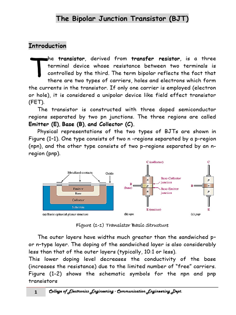 The Bipolar Junction Transistor (BJT) : Emitter (E), Base (B), and Collector (C) | PDF | Bipolar ...