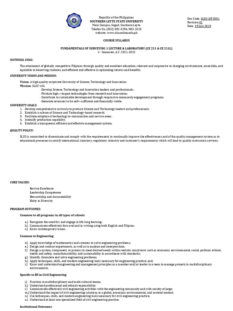 SYLLABUS - CE 211 - Fundamentals of Surveying | Download Free PDF | Engineering | Surveying