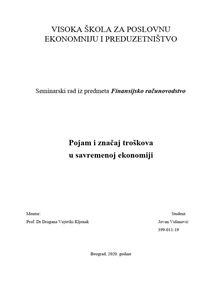 FinRac Pojam I Znacaj Troskova U Savremenoj Ekonomiji | PDF