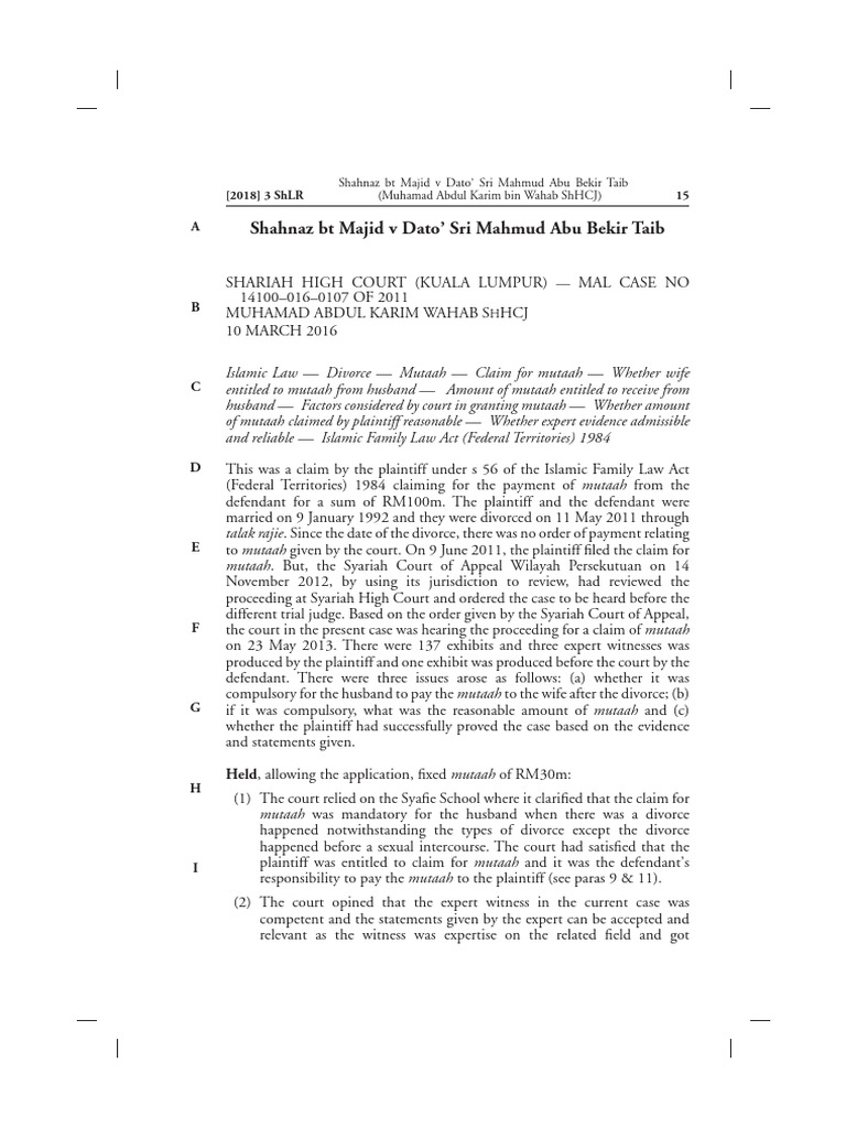 Shahnaz BT Majid V Dato' Sri Mahmud Abu Bekir Taib (2018) 3 SHLR 15 ...