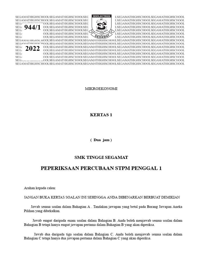 Soalan Percubaan Mikroekonomi STS Tahun 2022 | PDF