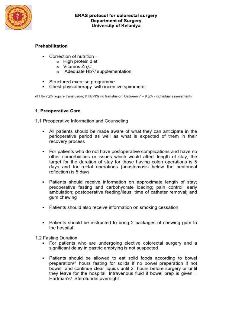 ERAS - Protocol | PDF | Surgery | Perioperative