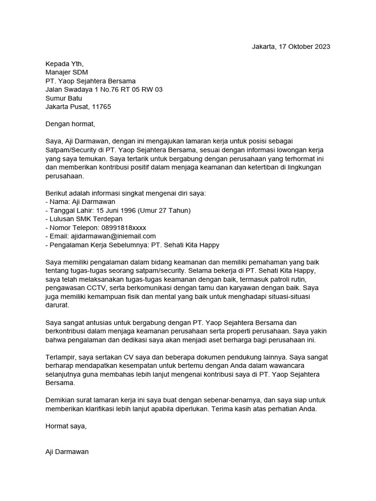 Surat Lamaran Kerja Satpam - Security | PDF