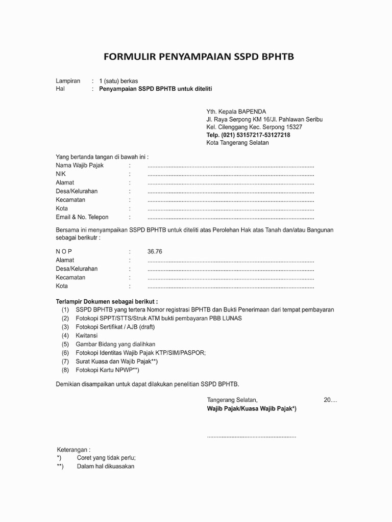 Form Penyampaian SSPD BPHTB | PDF