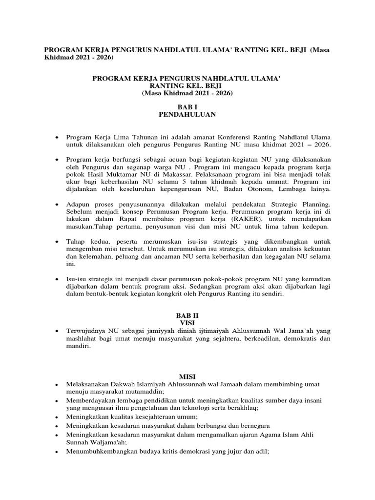 Program Kerja Pengurus Nahdlatul Ulama Beji | PDF