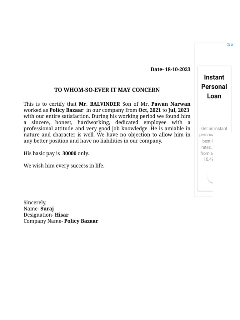 Experience Certificate PDF