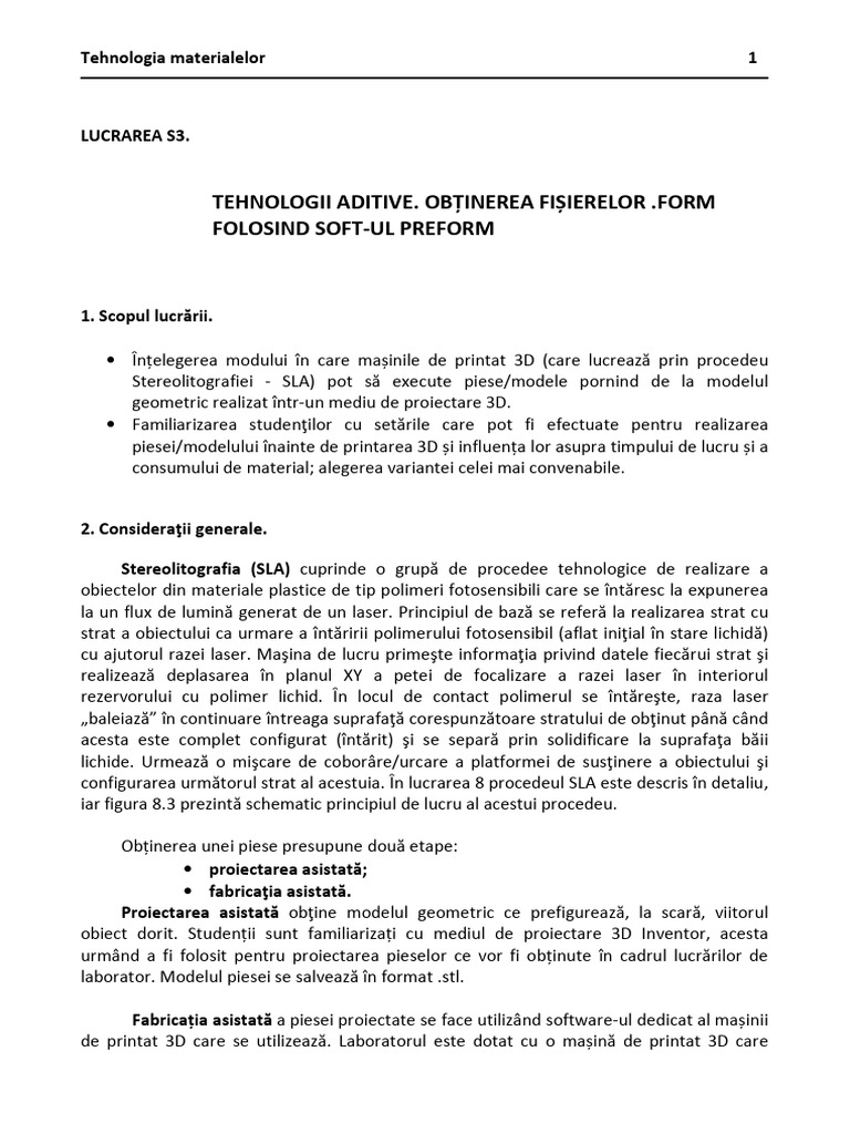 Lucrarea Tehnologii Aditive - SLA 1 | PDF