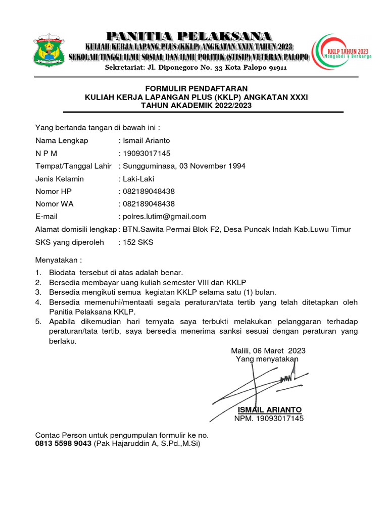 Formulir Pendaftaran KKLP Tahun 2023 (Ismail Arianto) | PDF