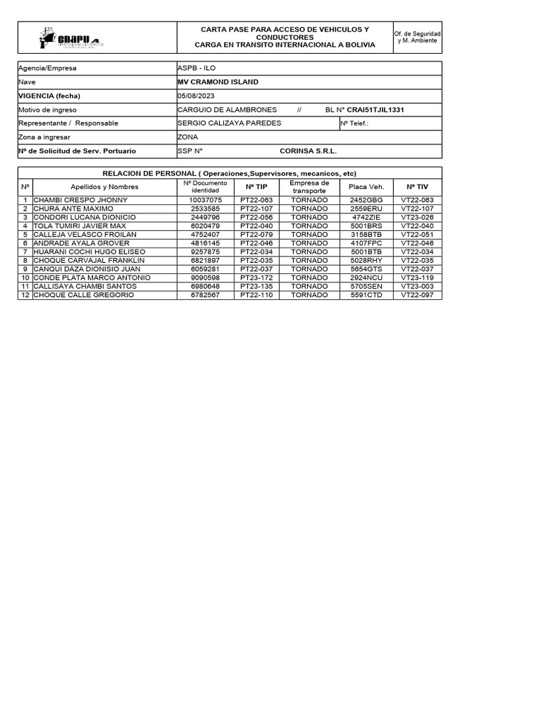 Carta Pase 12 Unidades Transp Tornado - Corinsa - Carguio 05-08-2023 | PDF Carta Pase 12 Unidades Transp Tornado - Corinsa - Carguio 05-08-2023 | PDF