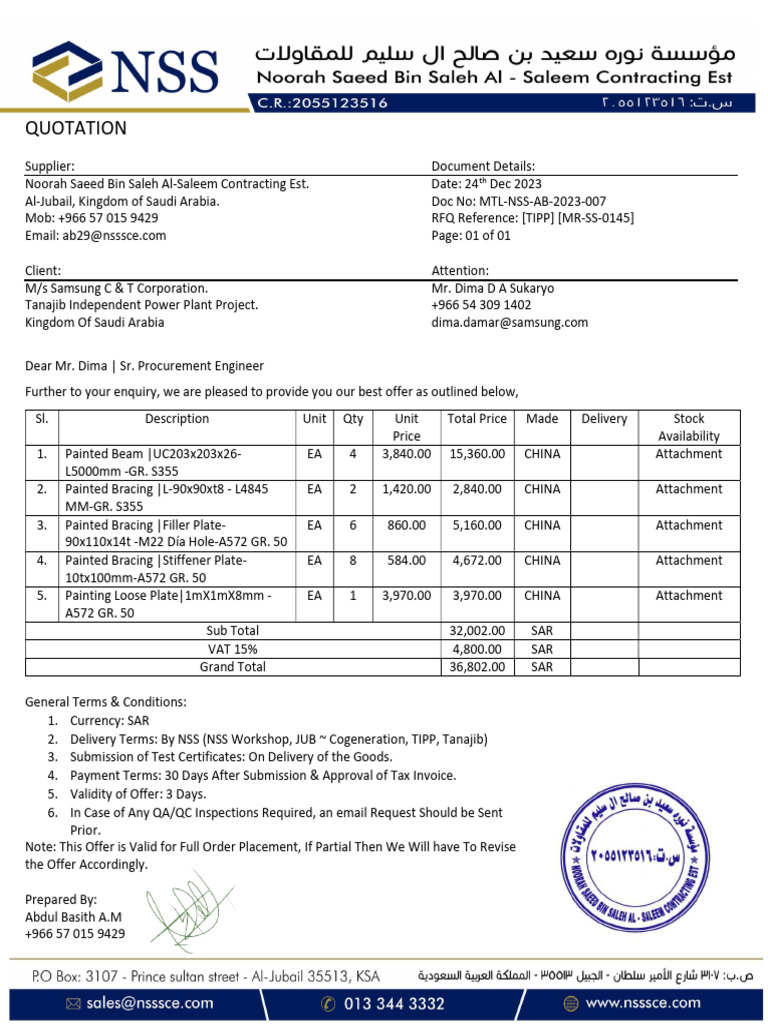 007.MTL-NSS-AB-2023-007 - Quotation For SS Fabrication & Coating - MR ...