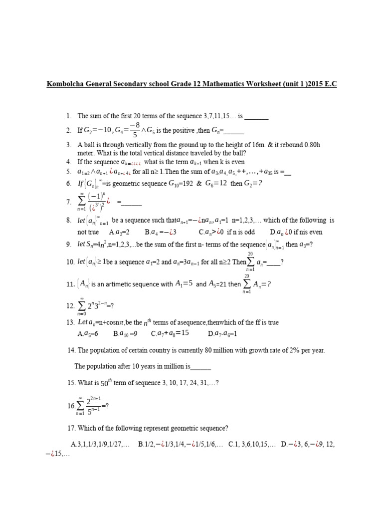 Grade 12 MATHEMATICS Worksheet 2015 E.C | PDF