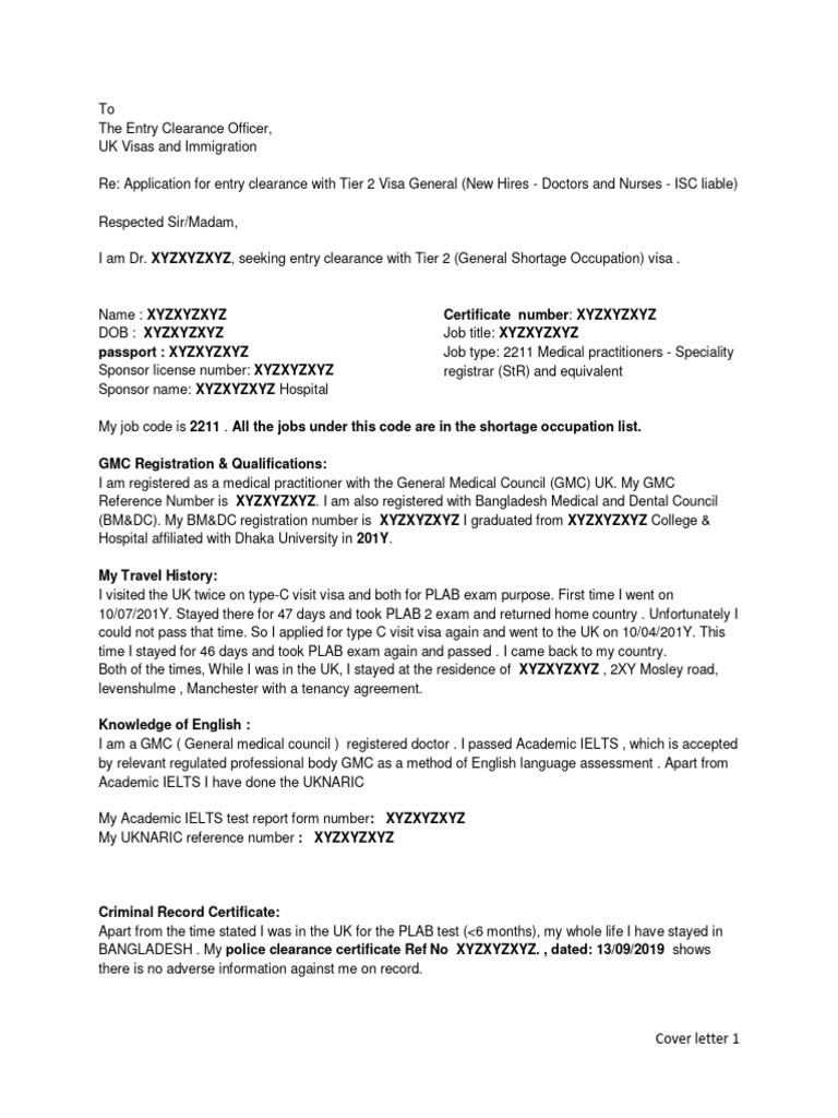 Tier 2 Visa Application Cover Letter | PDF | Travel Visa | Health Care