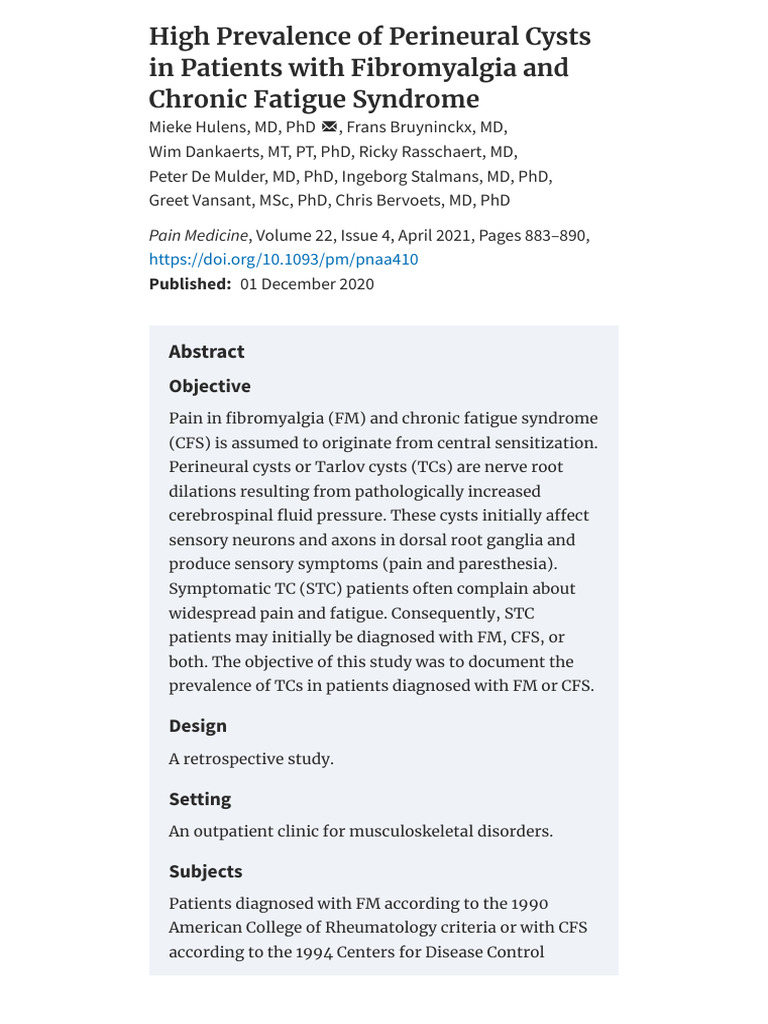 High Prevalence of Perineural Cysts in Patients With Fibromyalgia and Chronic Fatigue Syndrome ...