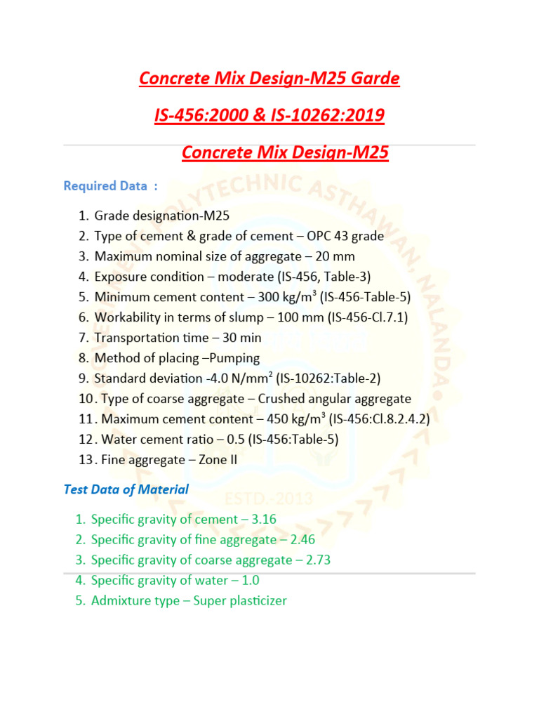 Concrete Mix Design-M25 Garde IS-456:2000 & IS-10262:2019 Concrete Mix ...