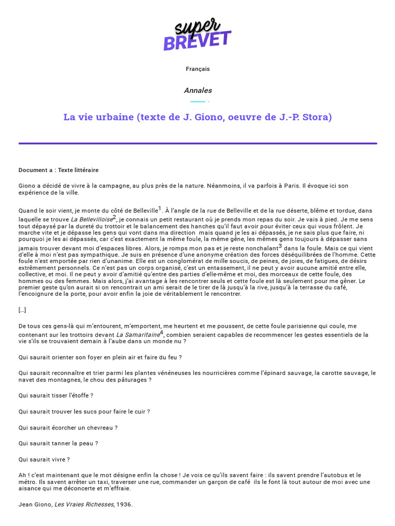 La Vie Urbaine Texte de J Giono Oeuvre de J P Stora | PDF | Verbe | La ...