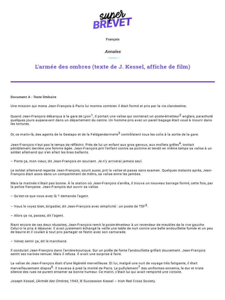 L'armée Des Ombres Texte de J Kessel Affiche de Film | PDF