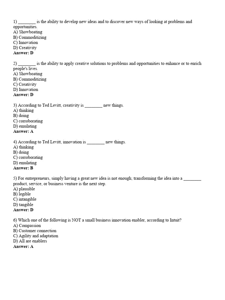 Enterpreneurship CH 3 Creativity and Innovation Quiz | PDF