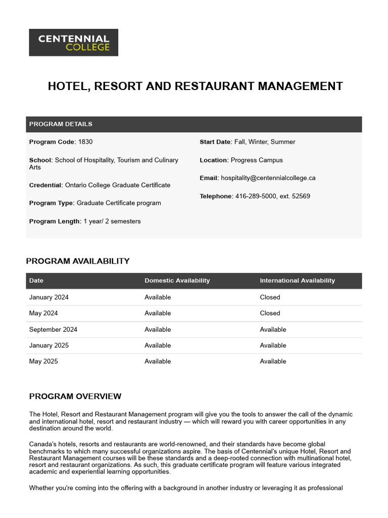 Hotel, Resort and Restaurant Management - Centennial College | PDF ...