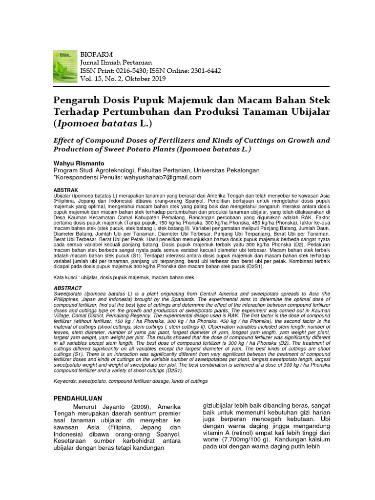 Dosis Pupuk Majemuk Dan Macam Bahan Stek Ubi Jalar | PDF