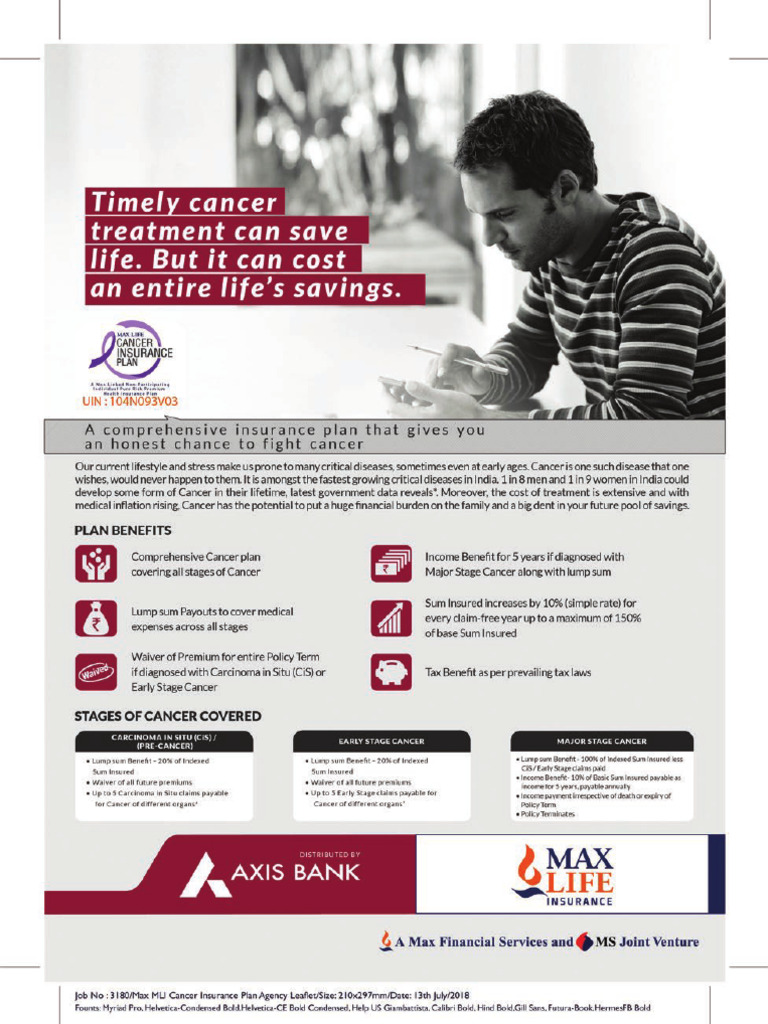 Max Life Cancer Insurance Plan Axis Leaflet | PDF