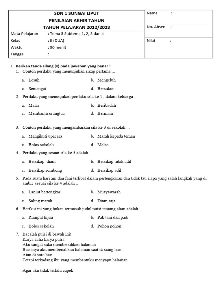 Soal PAS Kelas 2 Tema 5 Ok | PDF | Griya & Taman